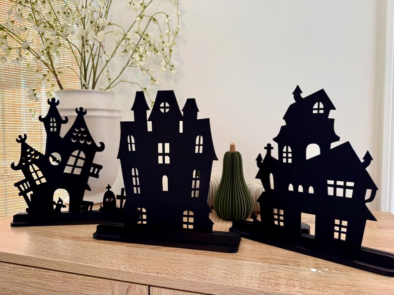 Halloween Haunted House Display With Tea Lights – 3 Wooden Haunted ...