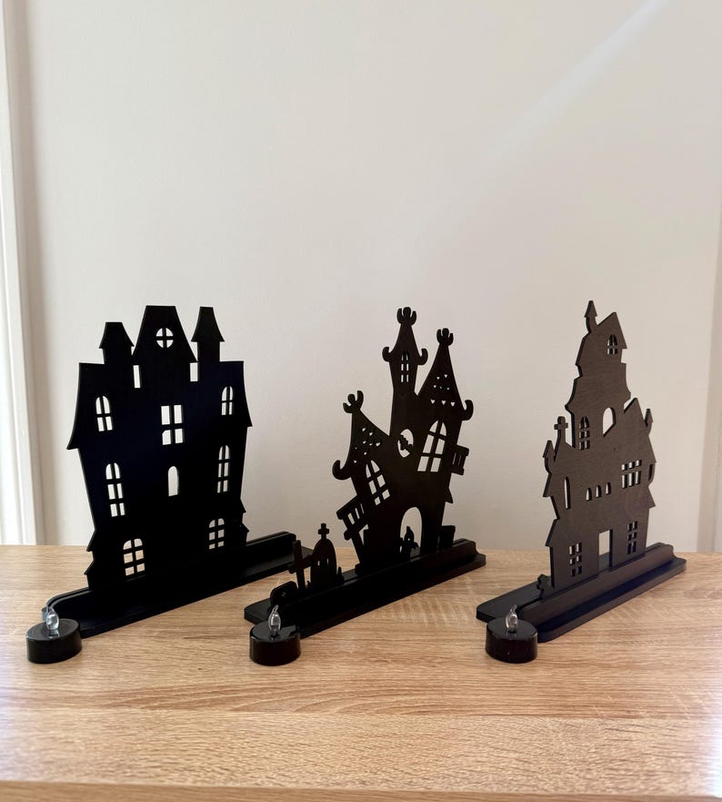 Halloween Haunted House Display With Tea Lights – 3 Wooden Haunted ...