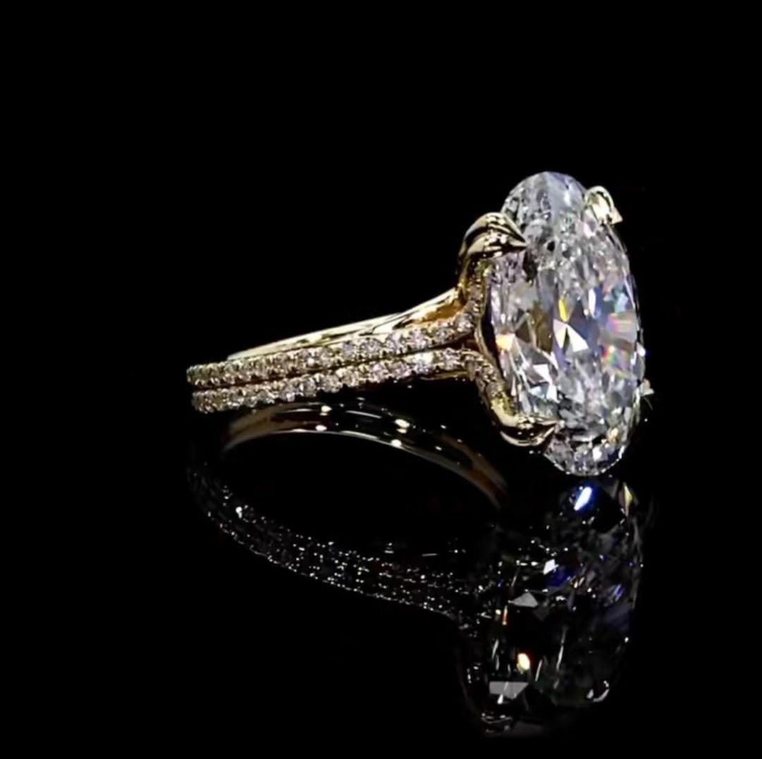 Oval Diamond Ring / Double Row Pave Band/ Lab Grown Certified Oval ...