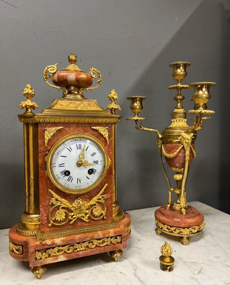 Mythical 19th Century French Mantel Clock Set Gilded Marble Bronze ...