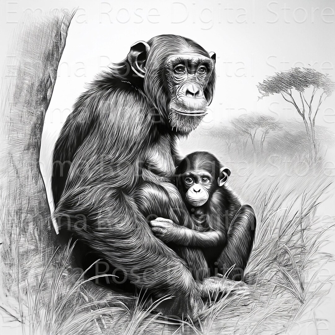 Chimpanzee Portrait | Monkey Line Art | JPG Images | Wildlife Art ...