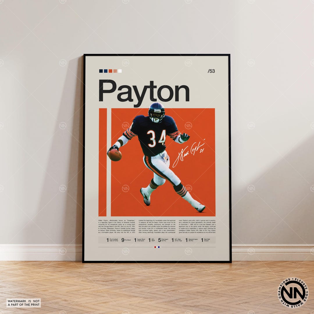 Walter Payton Poster, Chicago Bears Print, NFL Poster, Sports Poster ...