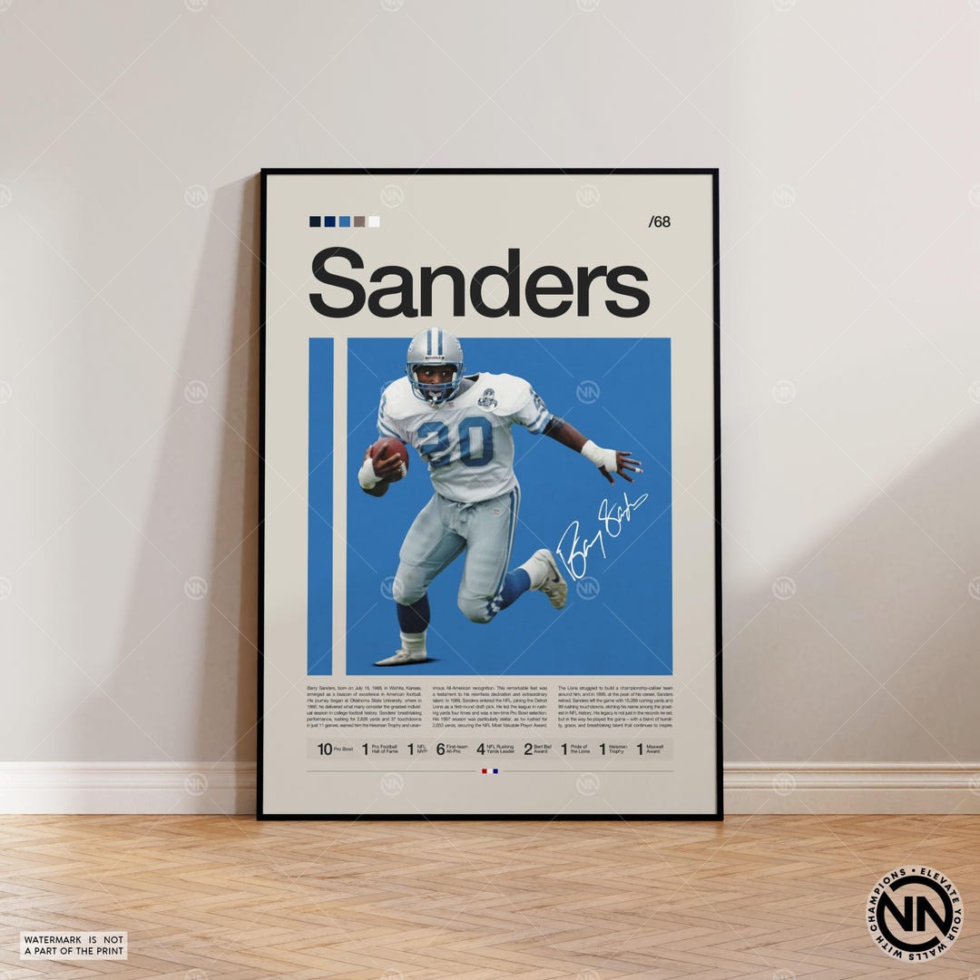 Barry Sanders Poster, Detroit Lions Print, Baseball Prints, Sports ...