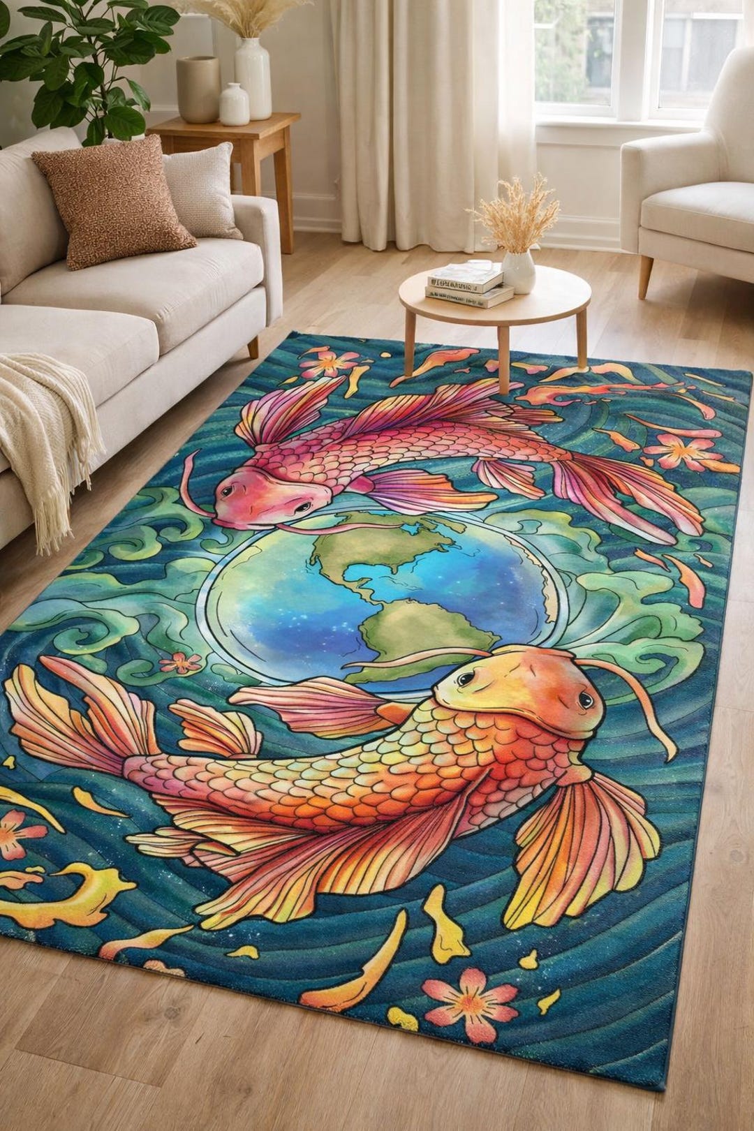 Koi Fish Area Rug | Fish Decor Rug | Colorful Area Rug | Machine ...