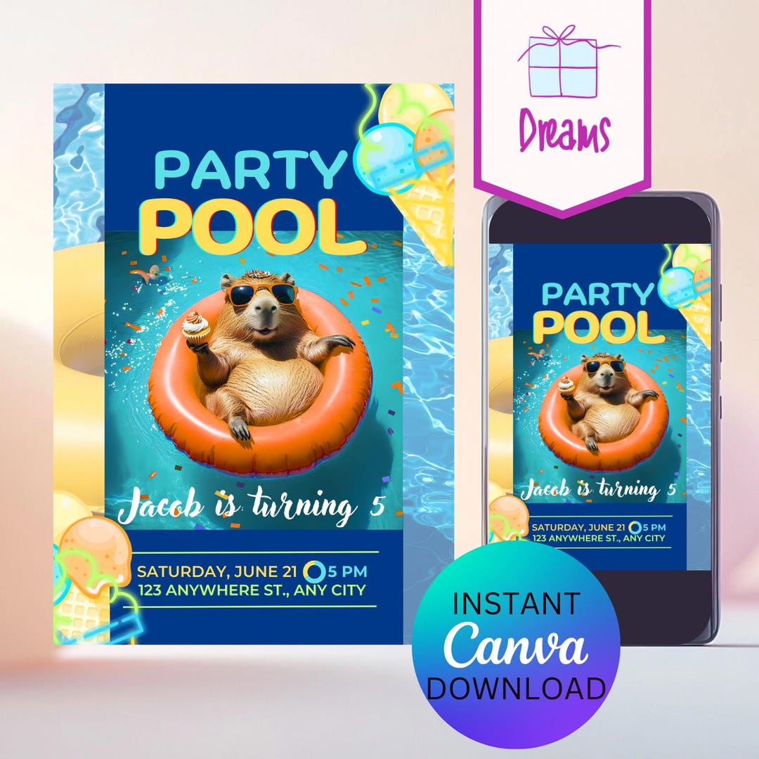 Capybara Pool Party Invitation: Editable Summer Birthday (digital ...