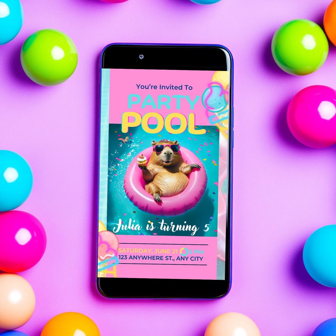 Capybara Pool Party Invitation: Editable Summer Birthday Template ...