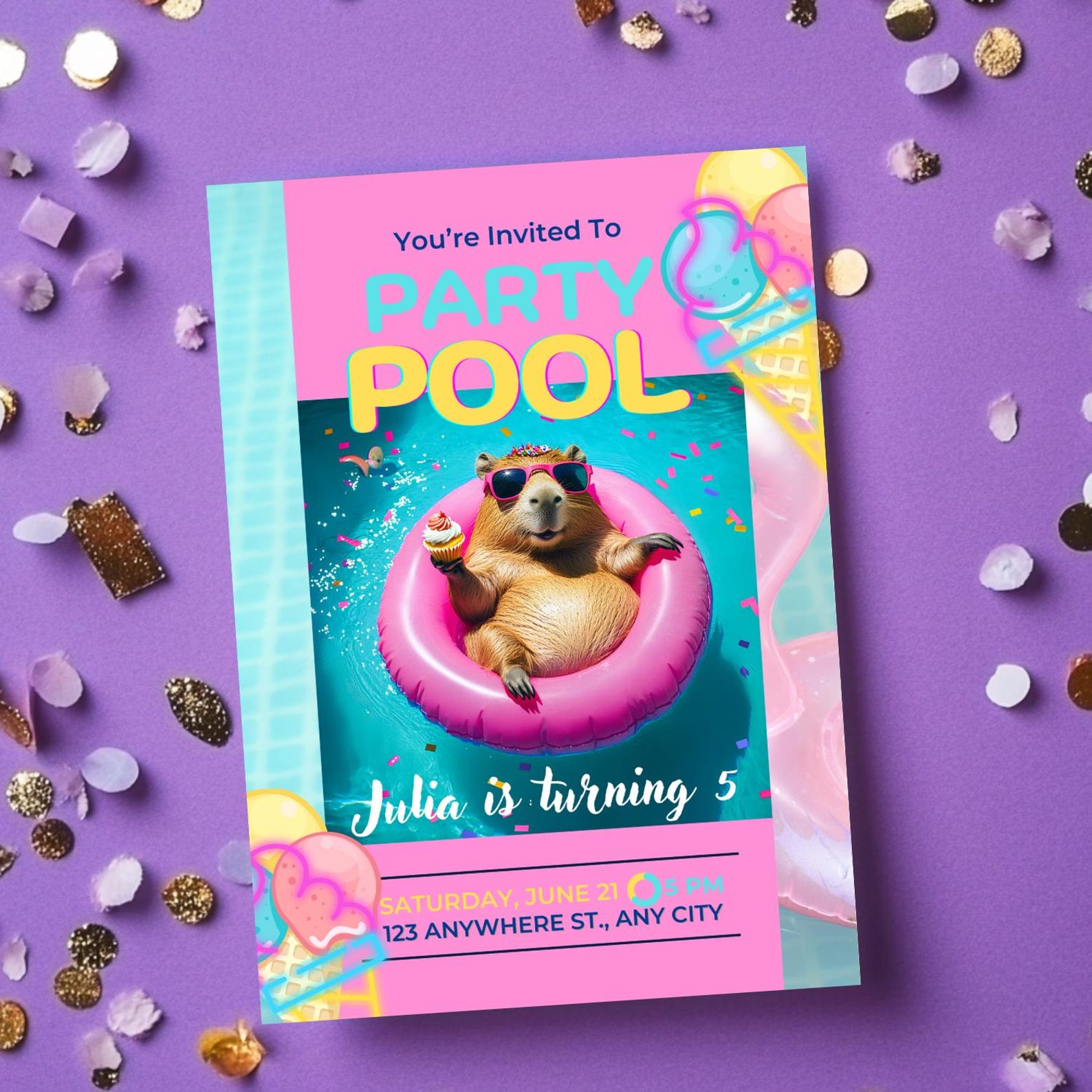 Capybara Pool Party Invitation: Editable Summer Birthday Template ...