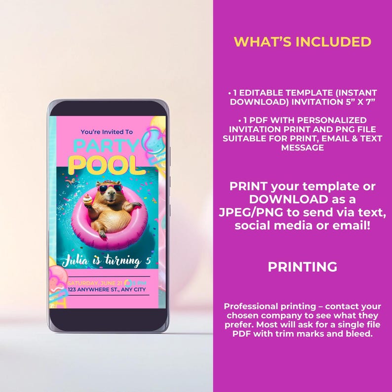 Capybara Pool Party Invitation: Editable Summer Birthday Template ...