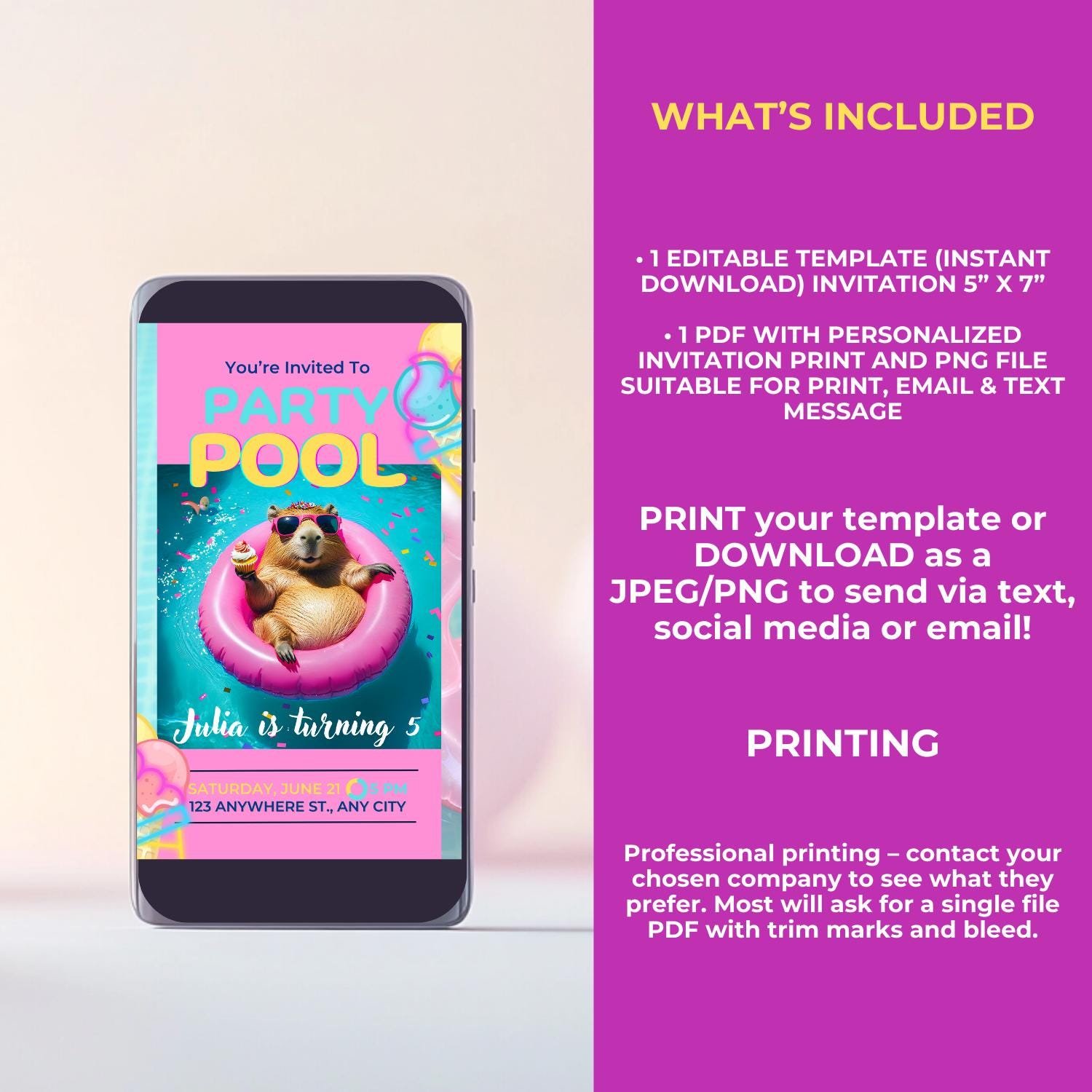 Capybara Pool Party Invitation: Editable Summer Birthday Template ...