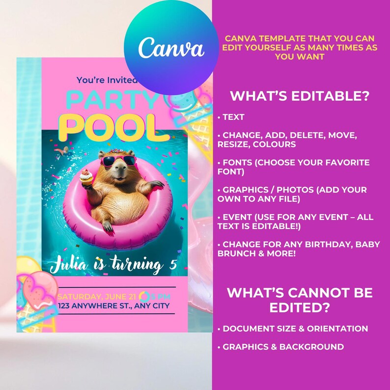 Capybara Pool Party Invitation: Editable Summer Birthday Template ...