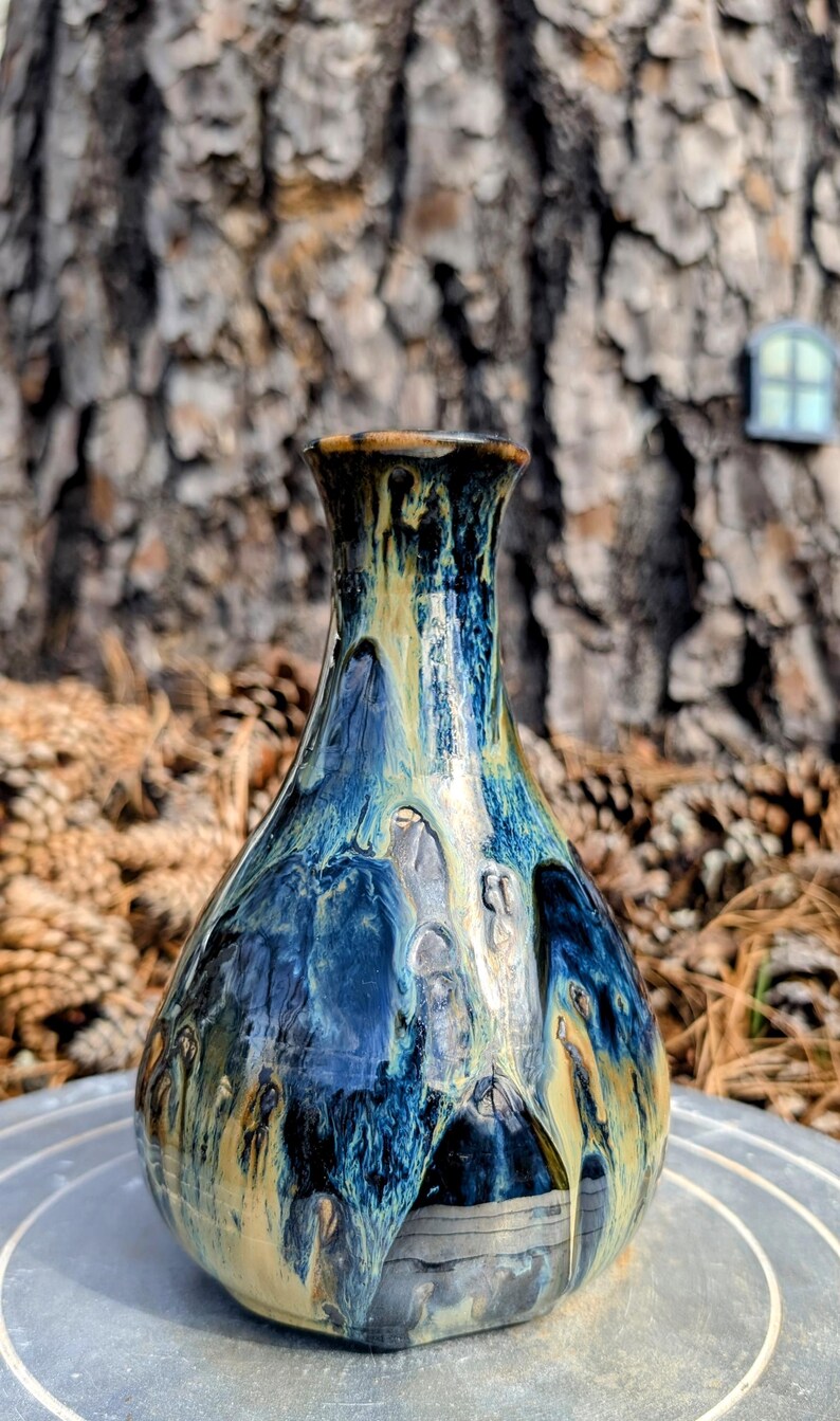 Handmade Ceramic Vase With Mesmerizing Blue & Beige Drip Glaze – Rustic ...