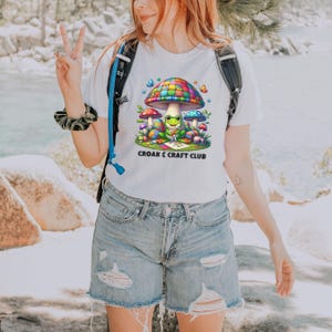 Colorful Mushroom Froggie Shirt, Whimsical Crafting Club Tee, Patchwork ...