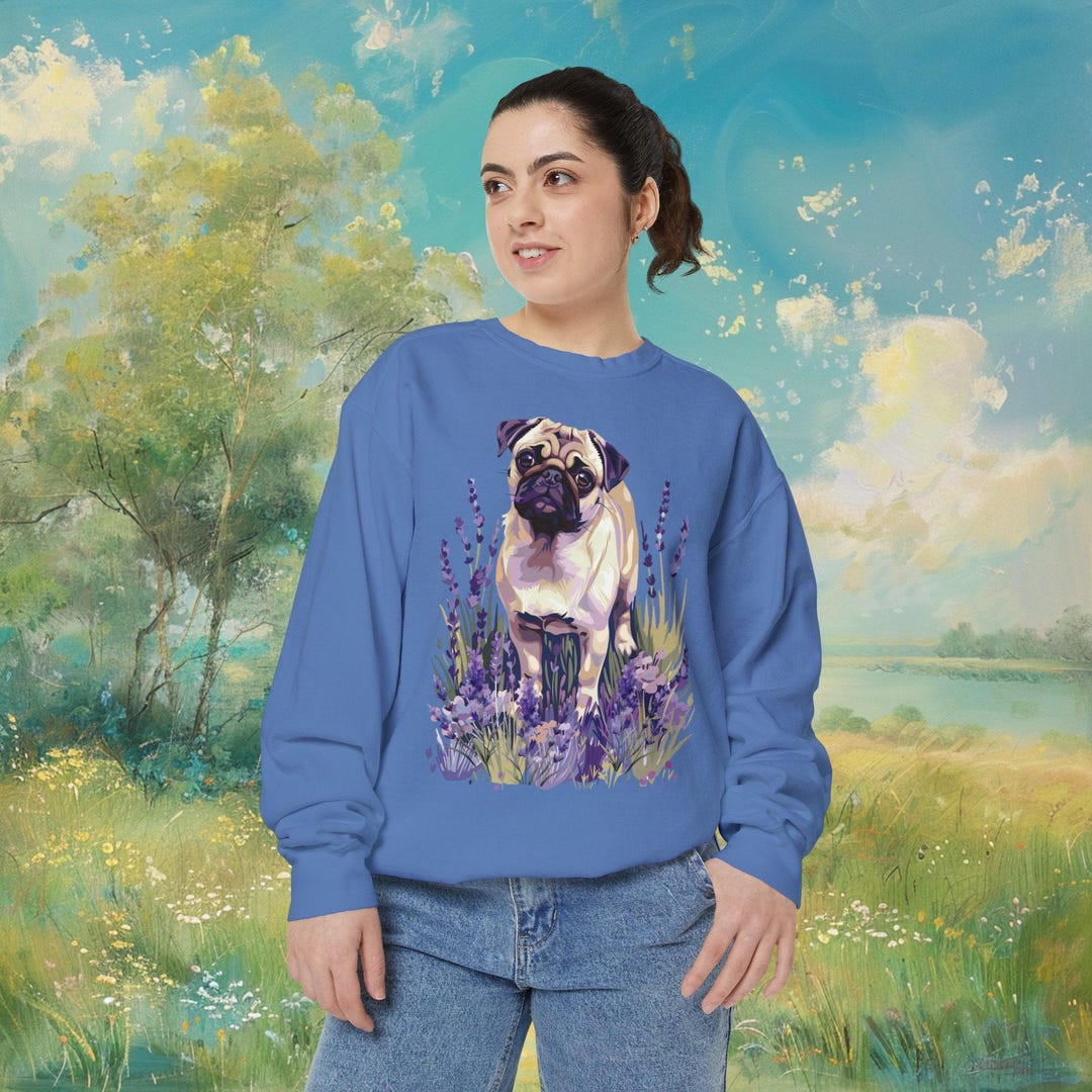 Lavender Field Pug Sweatshirt, Comfort Colors Crewneck, Floral Dog ...