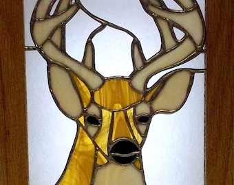 Deer in Forest With Sunset Woodland Scene, Stained Glass Mosaic Panel ...