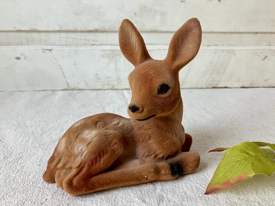 Flocked Fawn Deer Figurine Laying Down Spotted Realistic Eyes Christmas ...