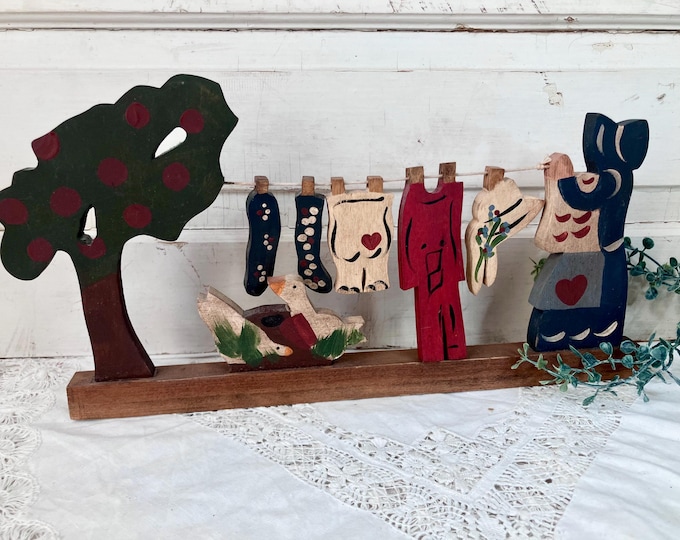 Wooden Amish Laundry Clothesline Figure Folk Art Handpainted Bonnet ...