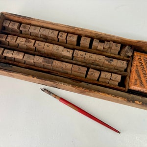 Early Wooden Alphabet Stamps Tray Numbers Printer Type Laughton Tin Ink ...