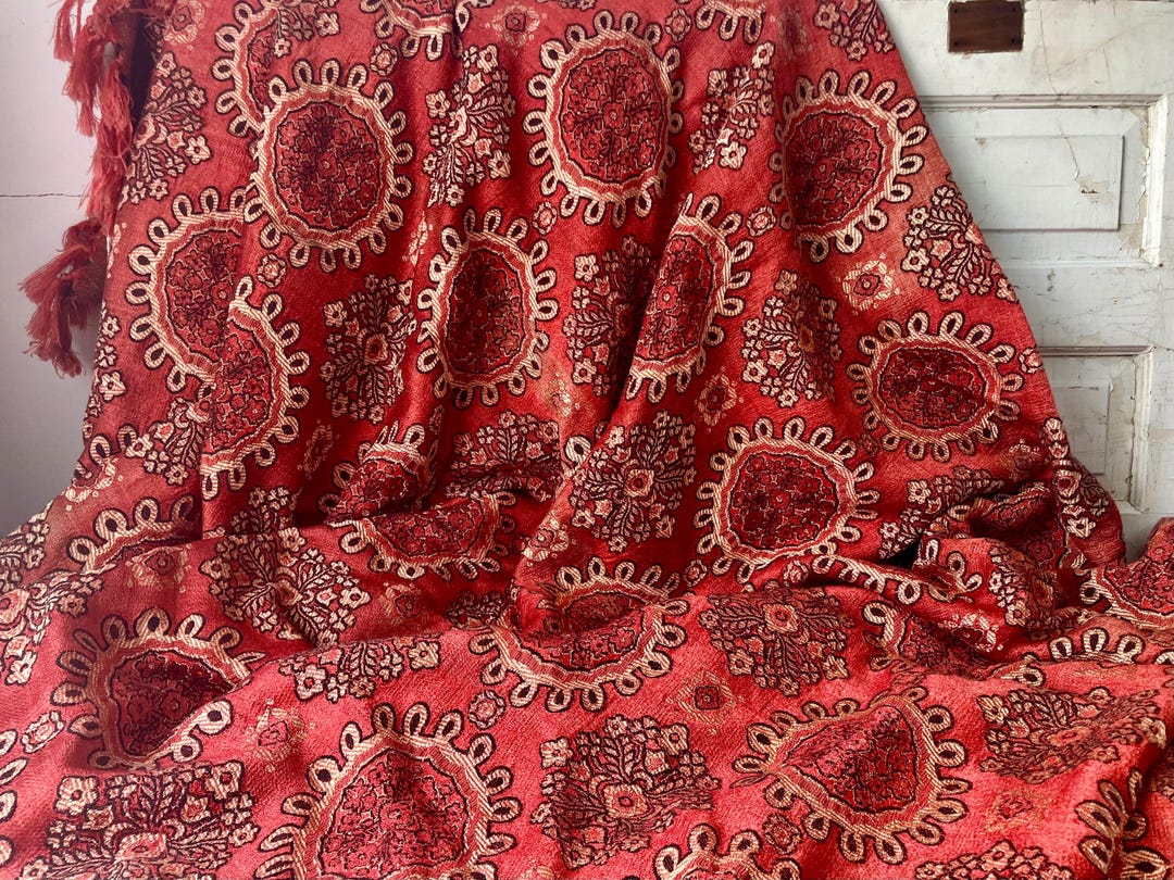Brocade Fabric Bedspread Silk Tassel Edges Brick Red Throw Blanket Full ...