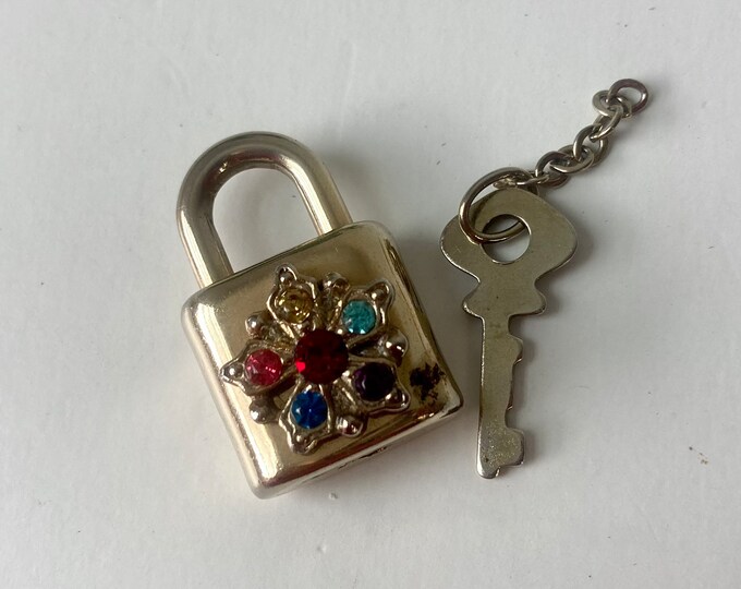 Miniature Padlock & Key Multi Color Rhinestones Gold Tone Metal Charm ...