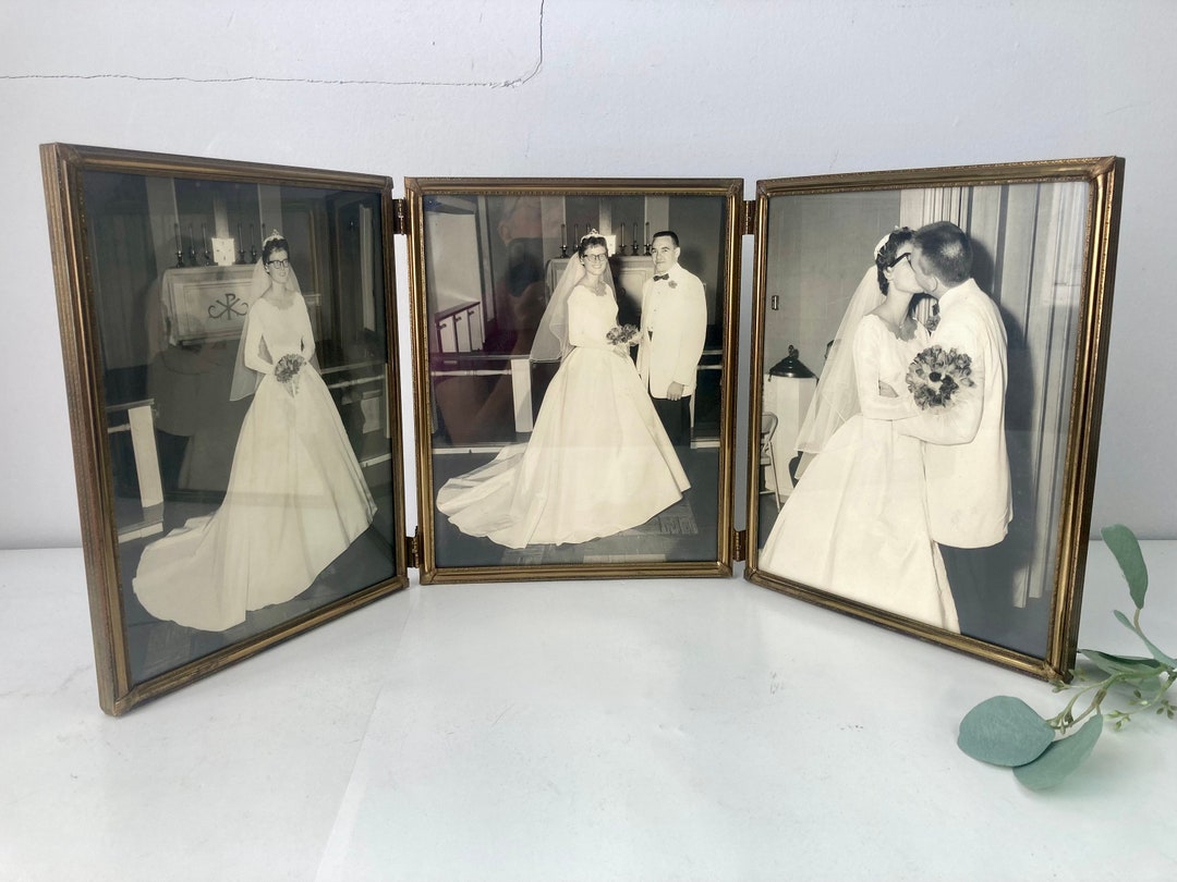 Tri Fold Picture Frame Triple Folding 8x10 Hinged Gold Tone Vintage ...