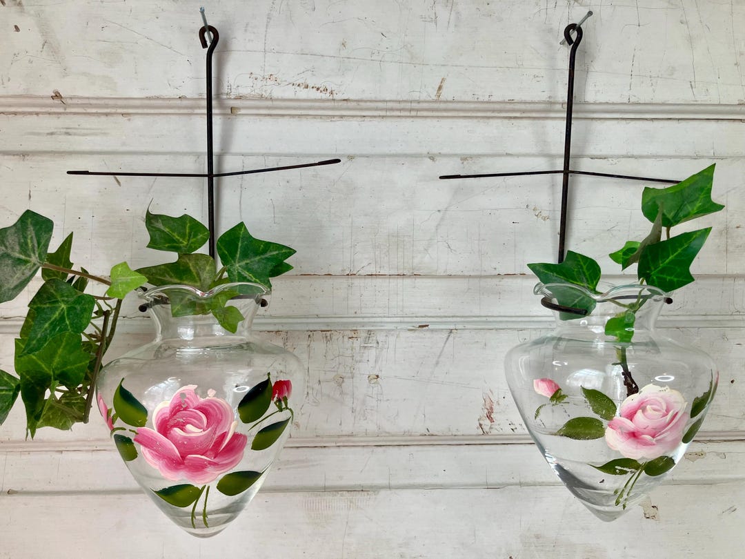 2 Glass Wall Sconces Vases Tole Painted Pink Roses Flowers Wire Hangers ...