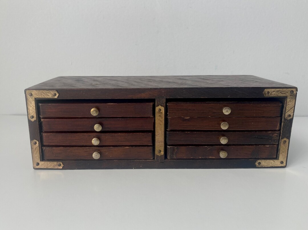 8 Drink Coasters Set Dresser Drawers Style Wooden Box Brass Corners ...
