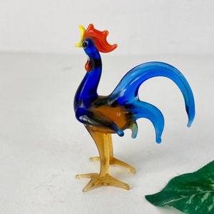 Miniature Rooster Blown Glass Blue Amber Colored Chicken Vintage Decor ...