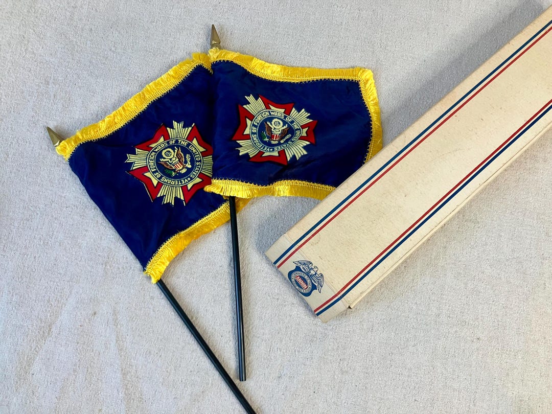 VFW 2 Flags Parade Desk Blue W/ Golden Fringe No Holder Original Annin ...