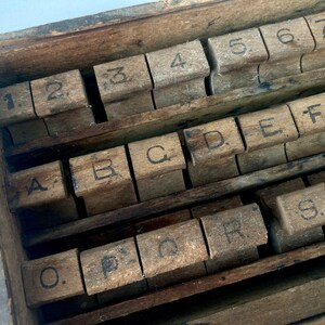 Early Wooden Alphabet Stamps Tray Numbers Printer Type Laughton Tin Ink ...