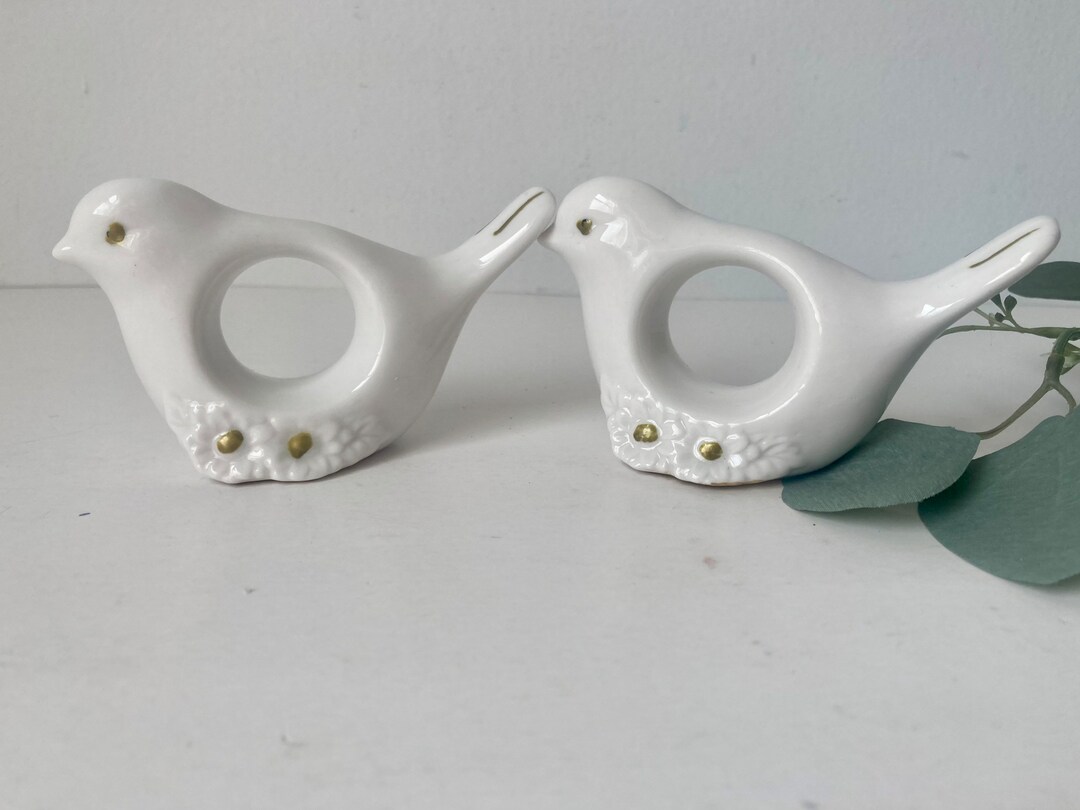 2 Bird Napkin Rings White Porcelain Gold Detailing Vintage - Etsy