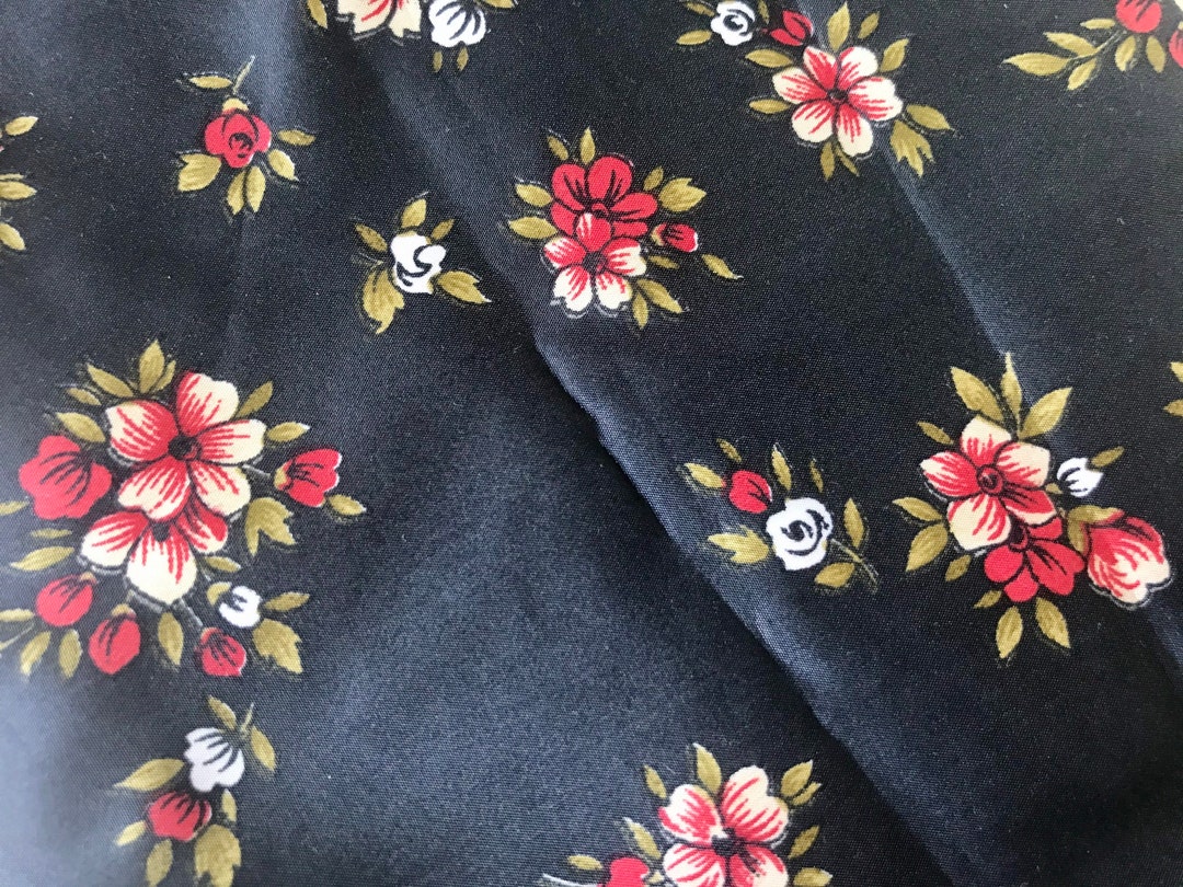 Dark Blue Satin Fabric W/ Muted Red Roses Flowers 1 Yard Cottagecore ...