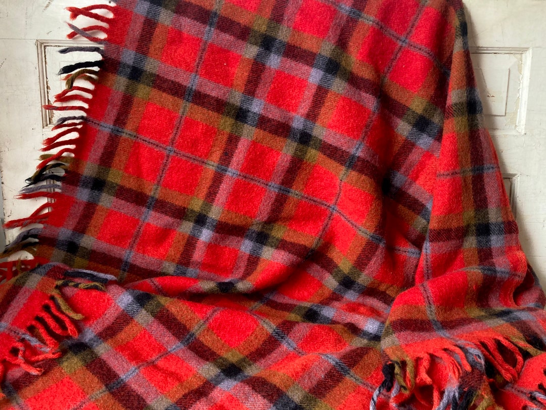 Red Gray Wool Plaid Blanket Faribo Woolen Mills Throw 48 Vintage Linens ...