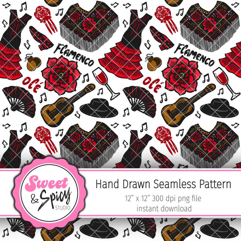 Hand Drawn Spanish Flamenco Dance Music Themed Seamless Surface Pattern ...