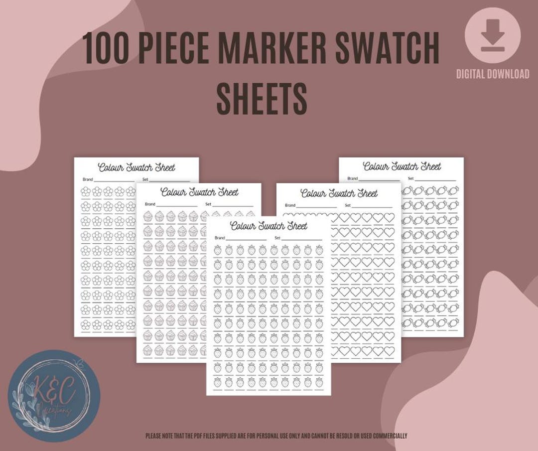 100 Piece Marker Swatch Sheets - Digital PDF Swatch Template Colour ...