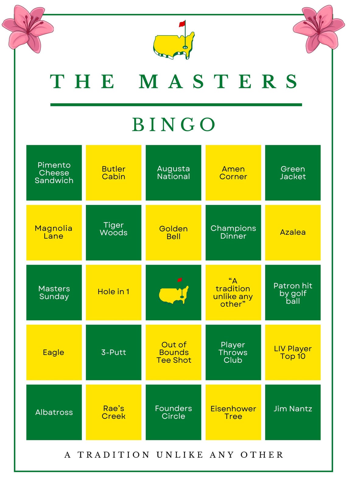 Masters Bingo – Golf Watch Party Game Printable - Instant PDF Download ...
