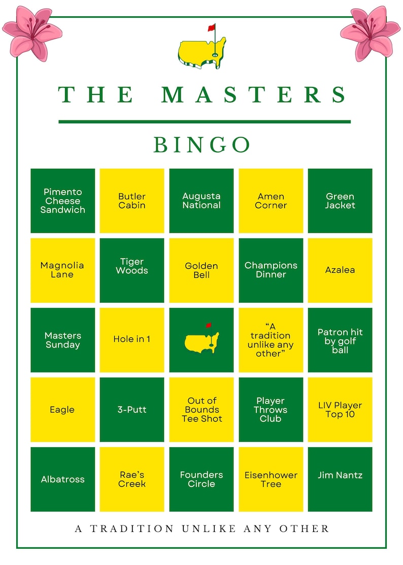 Masters Bingo – Golf Watch Party Game Printable - Instant PDF Download ...
