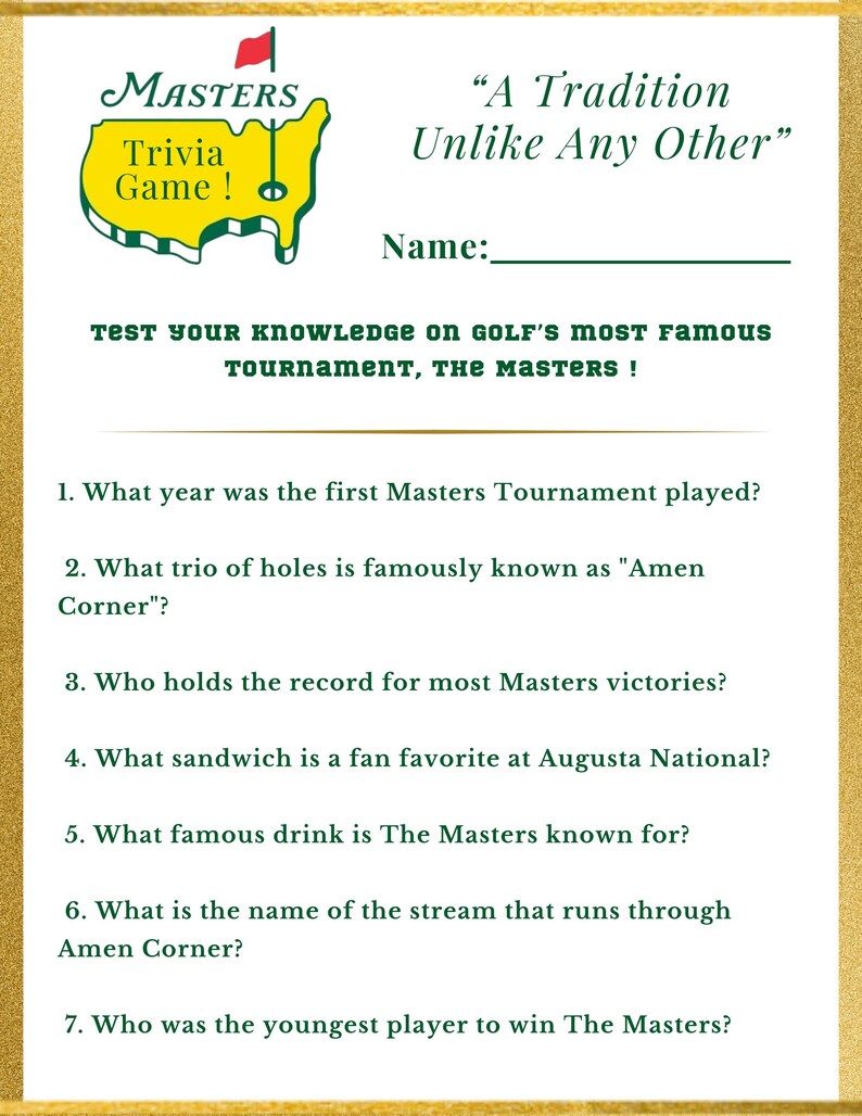 Masters Trivia Game - Golf Watch Party Printable - Instant PDF Download ...