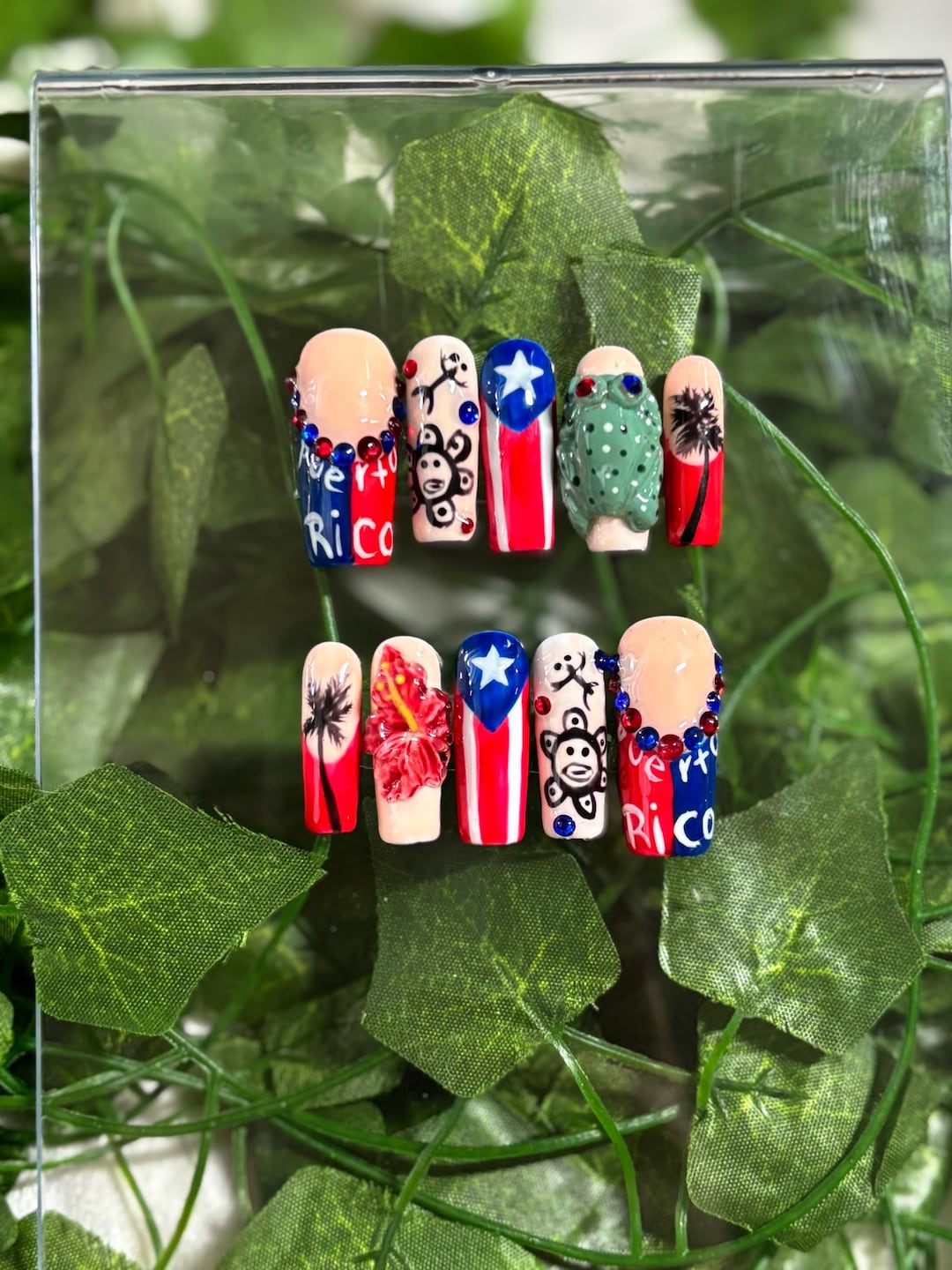 Puerto Rico Flag Press on Nails: 3D Coqui & Rhinestone Nail Art - Etsy