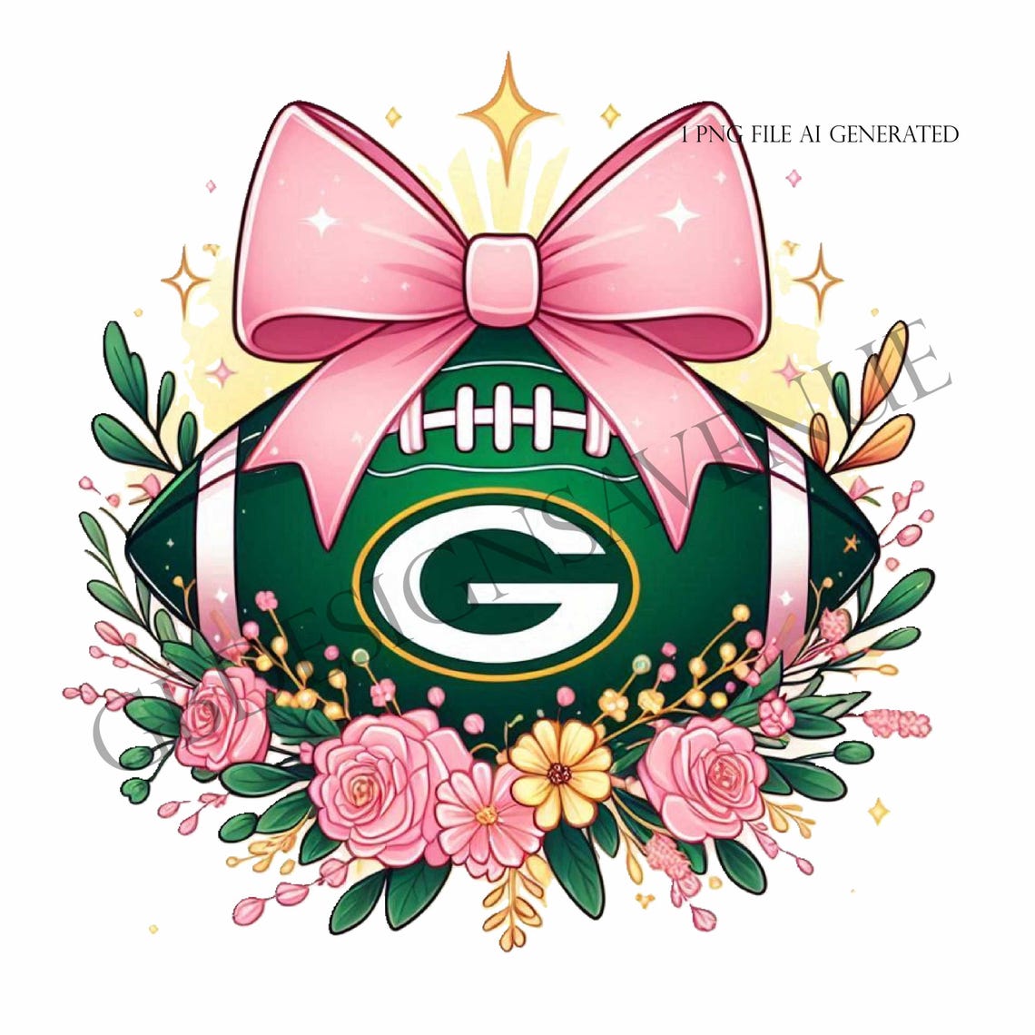 Green Bay Packers Football With Pink Bow Floral PNG (digital Download ...