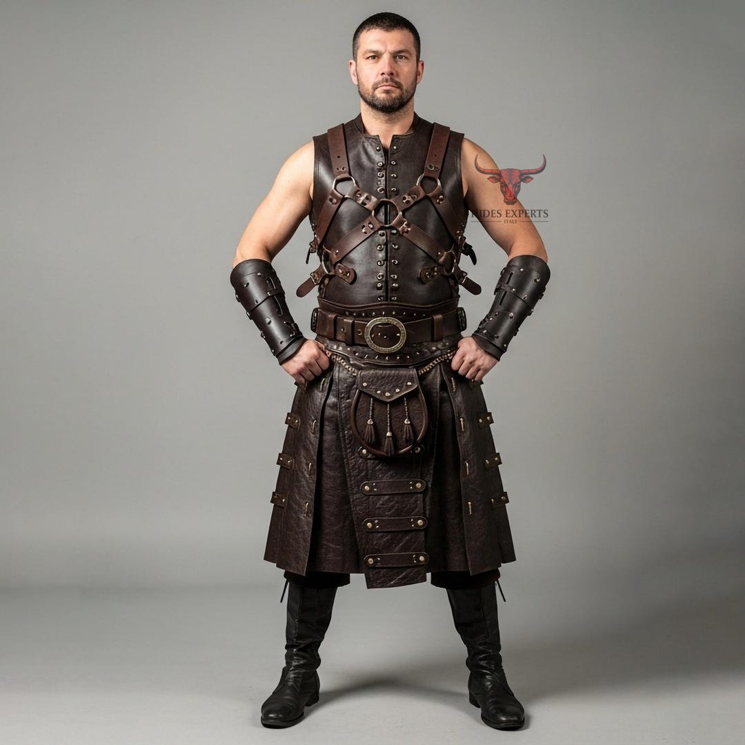 Handmade Leather Medieval Outfit Set: Renaissance Kilt, Vest & Bracers ...