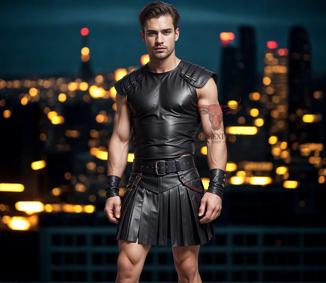 Custom Black Leather Gladiator Kilt and Cosplay Armor Vest | Men's ...
