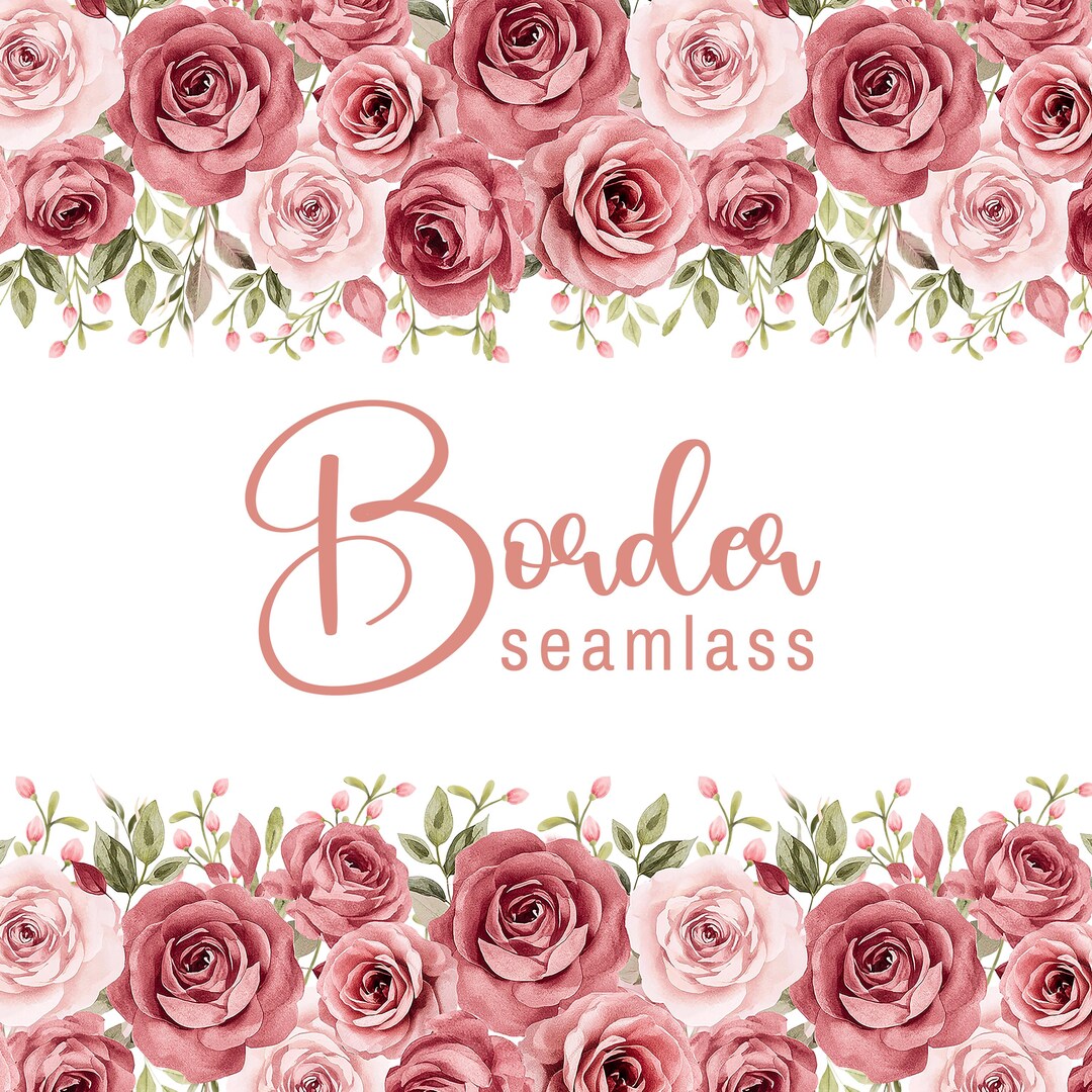 Watercolor Rose Floral Border Pattern, Vintage Seamless Print (digital ...