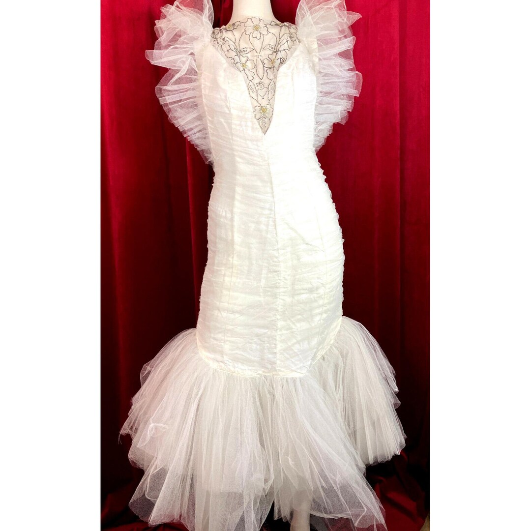 80s Ethereal Tulle Karen Okada Climax Mermaid Fishtail Dress White ...
