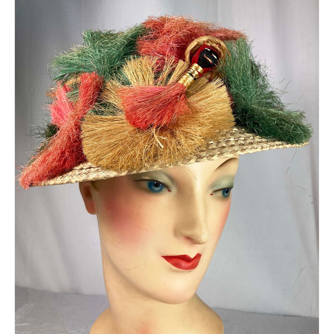 Wild 30s 40s Vacation Souviner Straw Sun Hat Bristle Pom Poms Jamacia ...