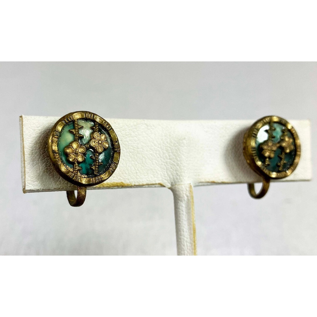 Antique C 1880 1890s Victorian Floral Enamel Blu Button Style Earrings ...