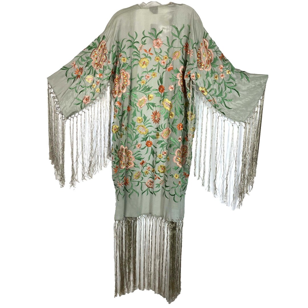 Silk Embroider Fringe Duster Floral Motif OS S M L XL PLUS Piano Shawl ...