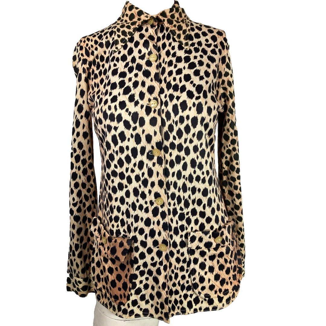 Vintage 70s Nylon Jersey Cheetah Print Jacket Tunic Button up Pointed ...