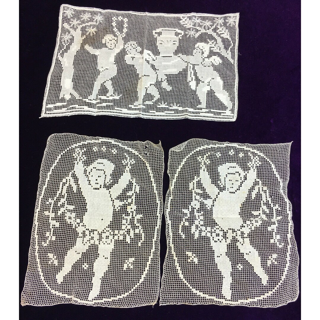 3 Pc Doilie Antique Filet Lace Cherub Puti Figural Crochet - Etsy