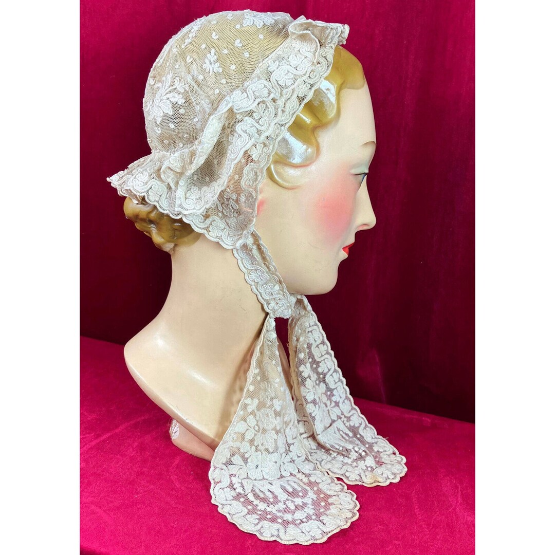 1850s 1860s Lace Bonnet Lappets Hand Embroider Civil War Victorian ...