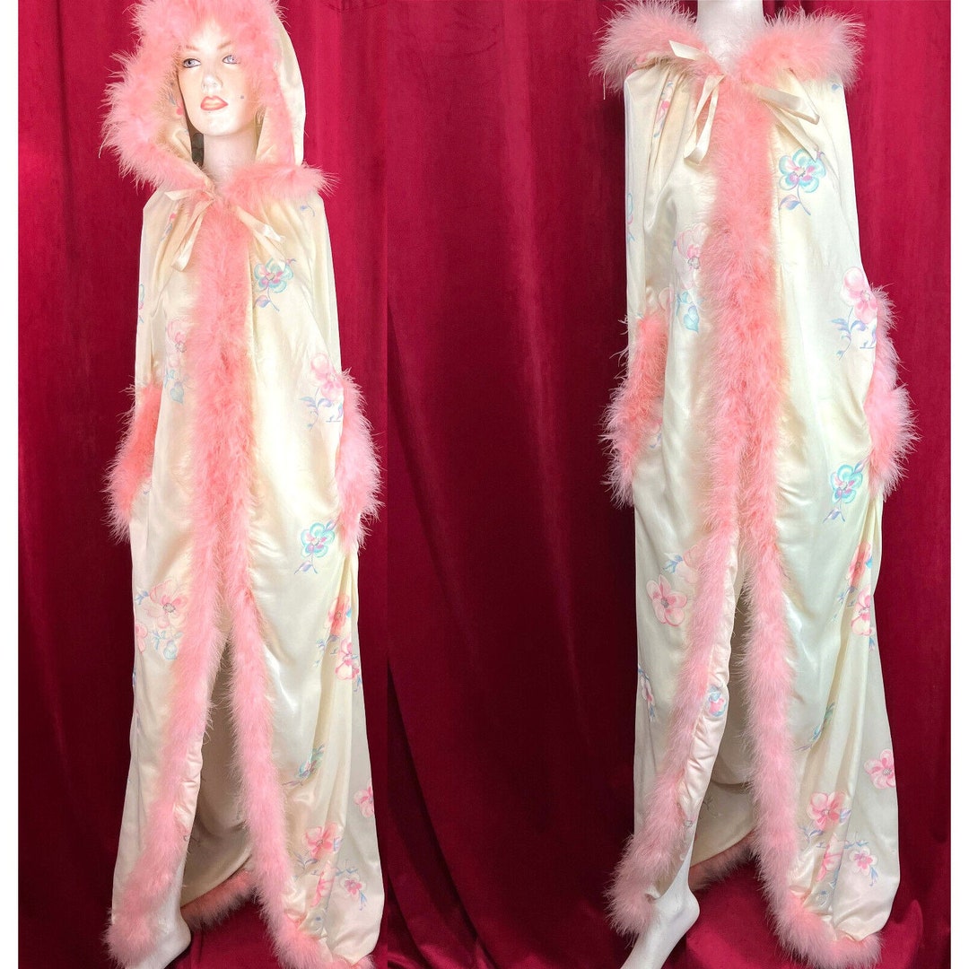 M L 70s Fernando Sanchez Feather Trim Hooded Robe Floral Dolman Cape - Etsy